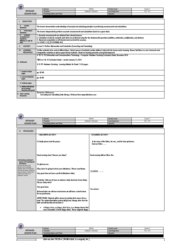 Detailed Lesson Plan: I. Objectives | PDF | Computer Data Storage | Usb ...