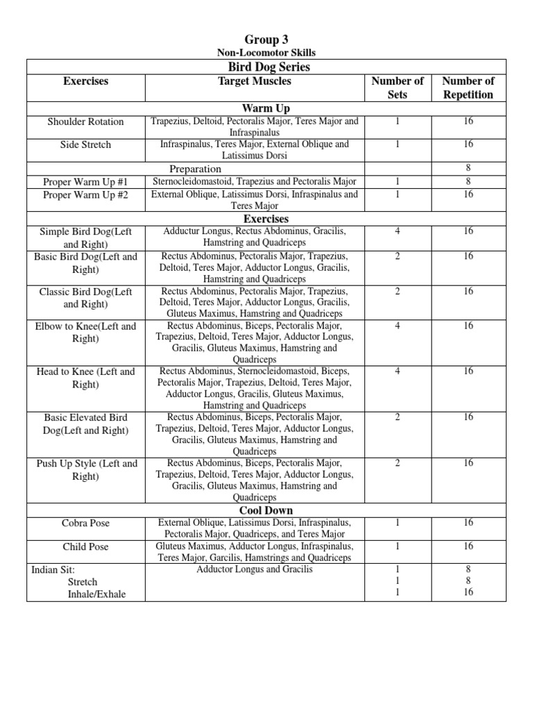 Exercises Target Muscles Number of Sets Number of Repetition Warm Up ...