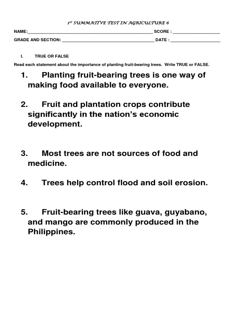 1st Summative Test in Agriculture 6 | PDF