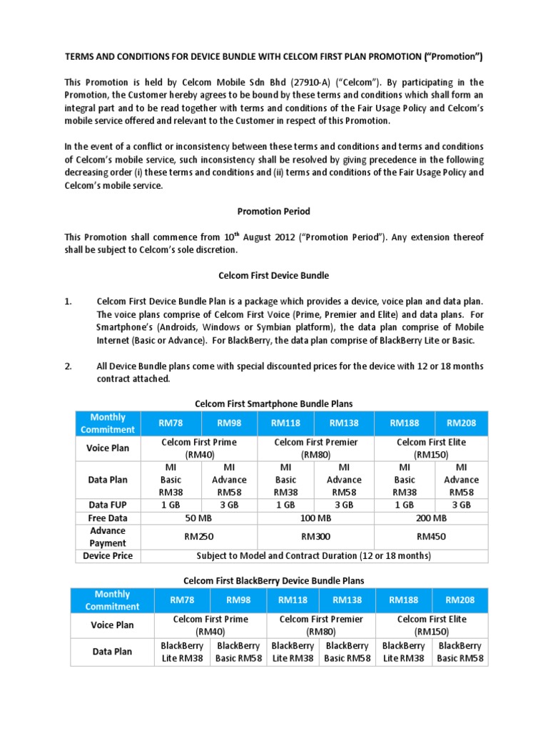Celcom First Device Bundle Terms | PDF | Roaming | Fee