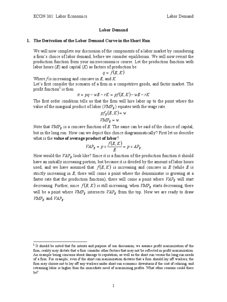 Labor Demand 1. The Derivation of The Labor Demand Curve in The Short ...