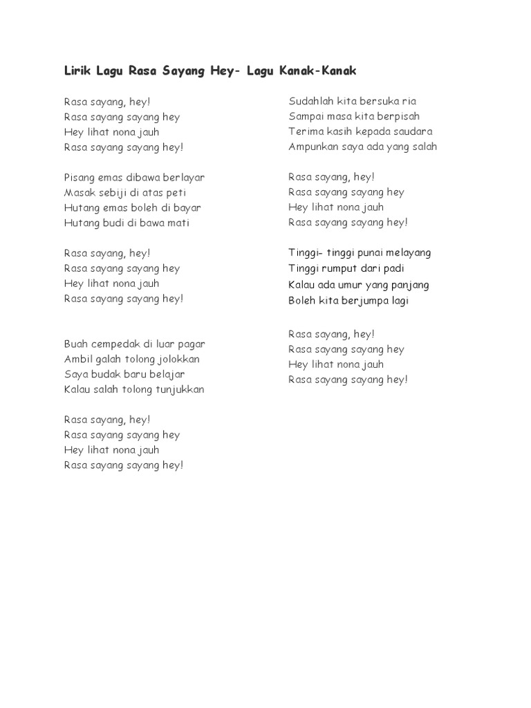 Lirik Lagu Rasa Sayang Hey | PDF