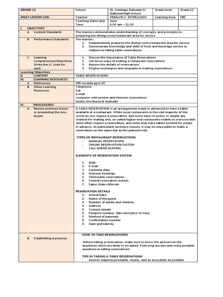 Lesson 1 Take Table Reservation | Restaurants | Lesson Plan