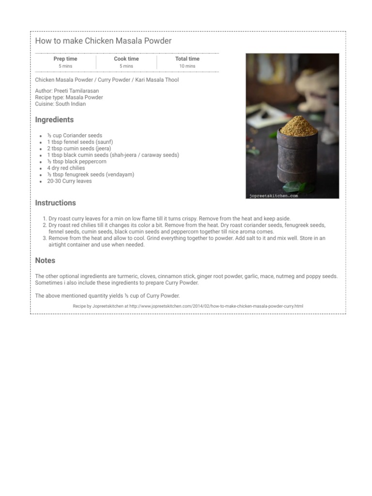 How To Make Chicken Masala Powder: Ingredients | PDF