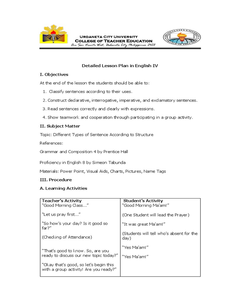 4 Types of Sentences Lesson Plan | PDF | Question | Sentence (Linguistics)