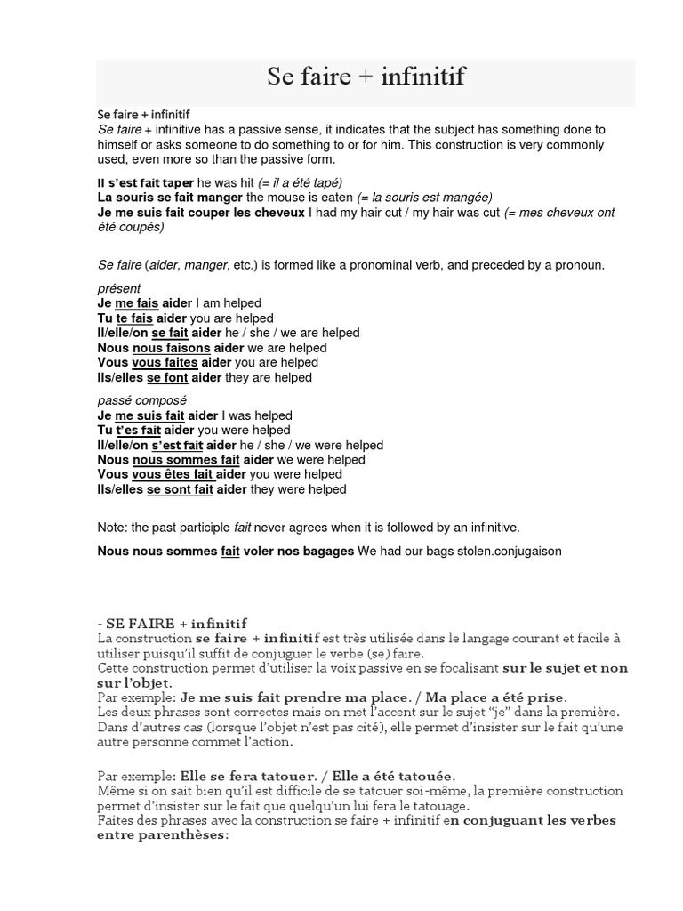 Construction "se faire" + infinitif | PDF | Tatouage | Sujet (Grammaire)