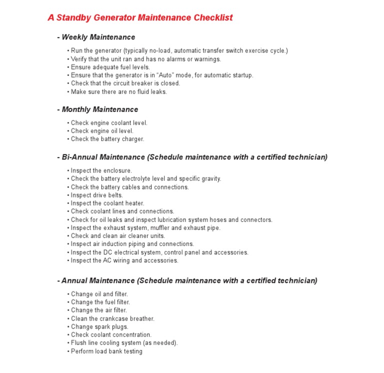A Standby Generator Maintenance Checklist | PDF
