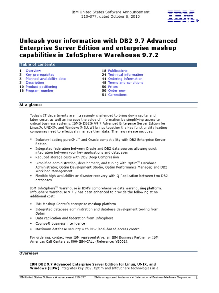 DB2 9.7 Advanced Enterprise Server Edition - Announcement Letter - Oct 2010 - ENUS210-377 | PDF ...