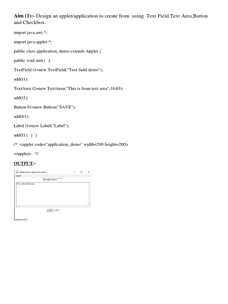 And Checkbox.: Aim (1) :-Design An Applet/application To Create From Using Text Field, Text Area ...