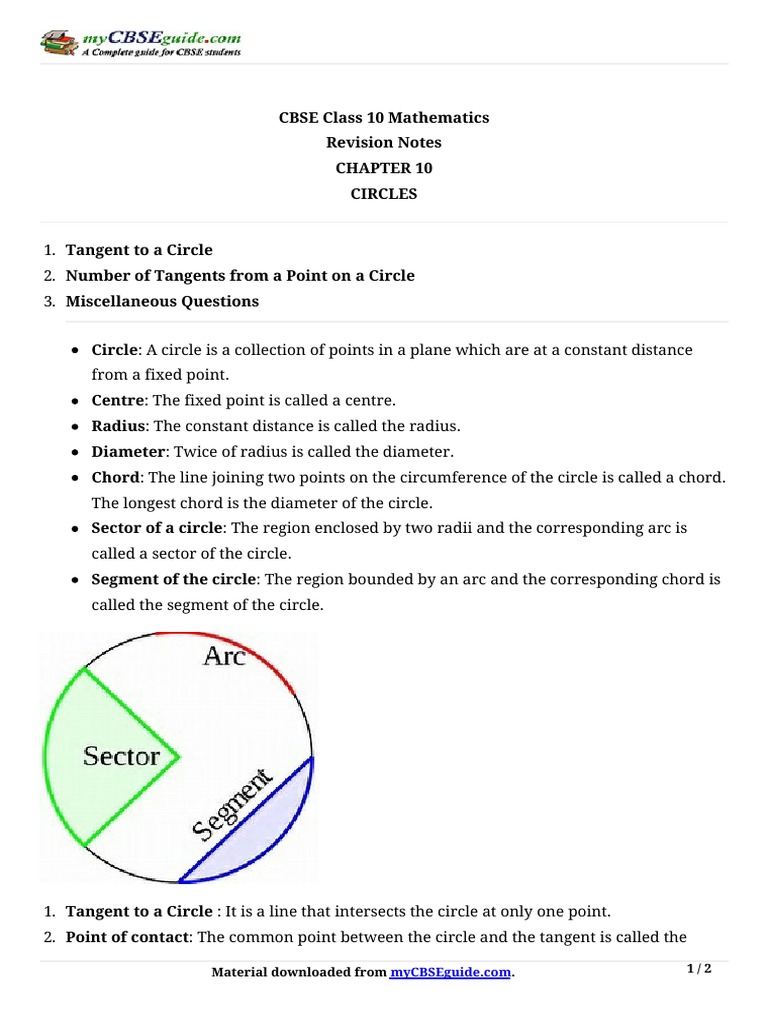 CBSE Class 10 Math: Circles Notes | PDF | Teaching Methods & Materials