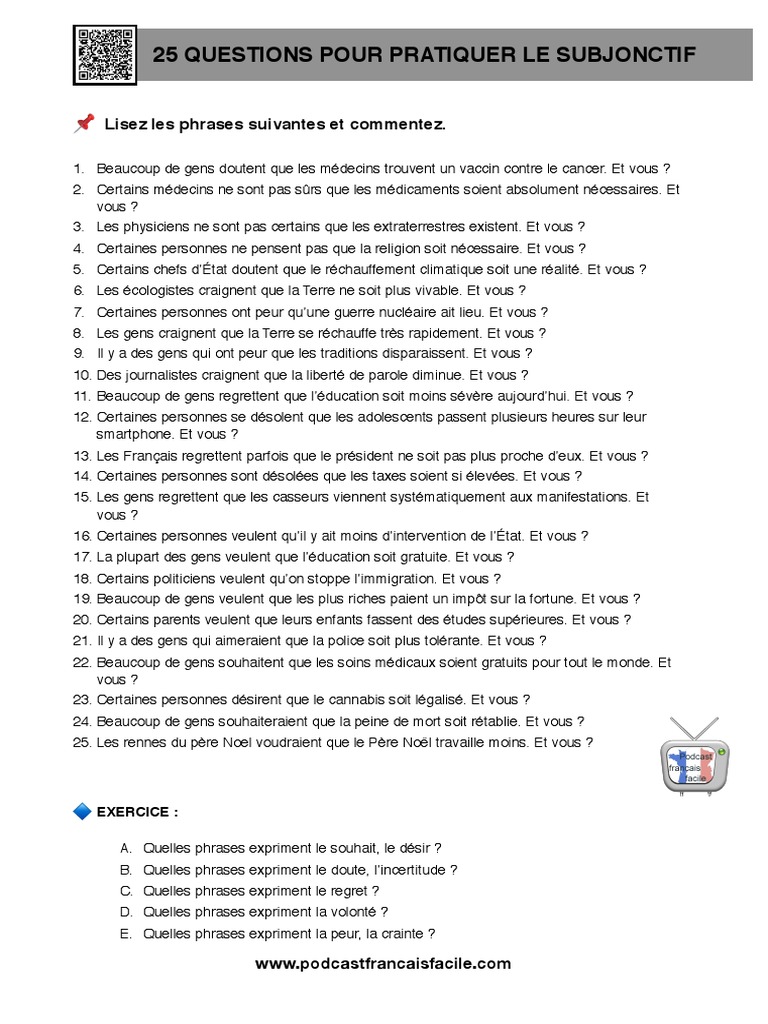 Subjonctif - 25 Questions | PDF | Échecs | Jeux et activités