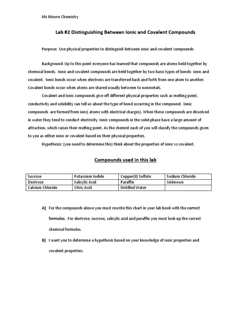 Chemistry Lab: Ionic vs Covalent | PDF | Chemical Compounds | Covalent Bond