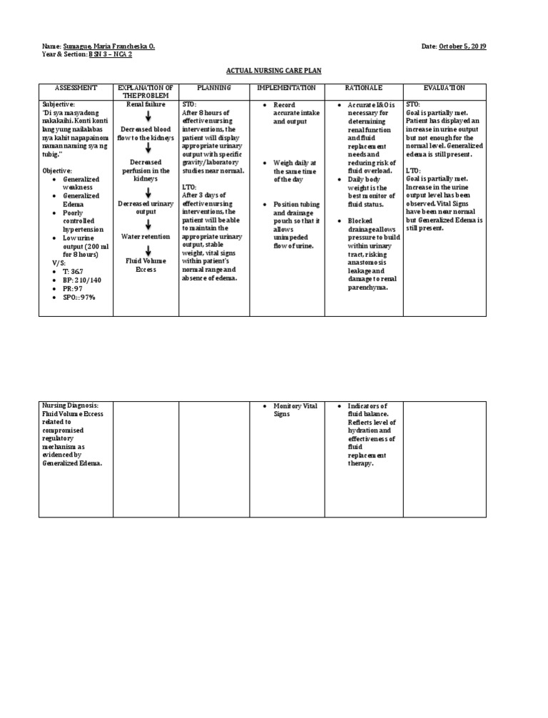 Actual Nursing Care Plan | PDF | Kidney | Edema