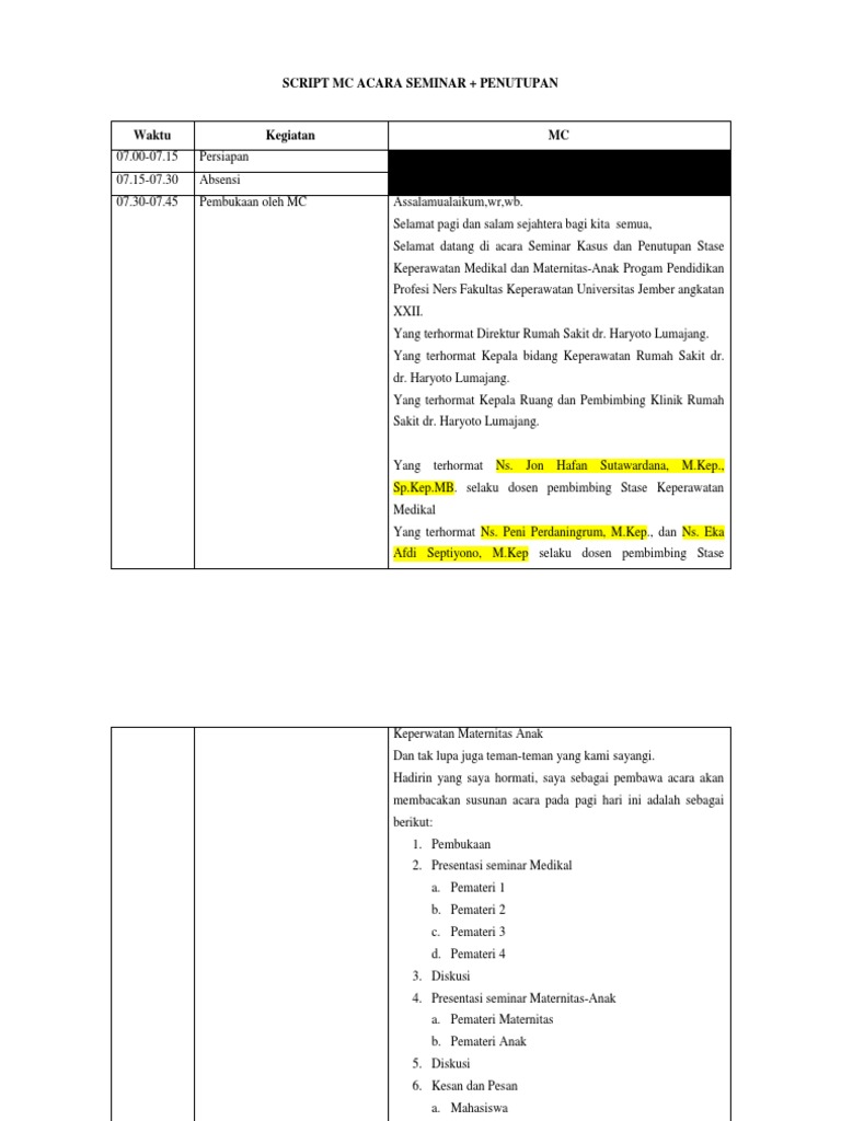 Script MC Seminar Keperawatan Jember | PDF | Sains & Matematika
