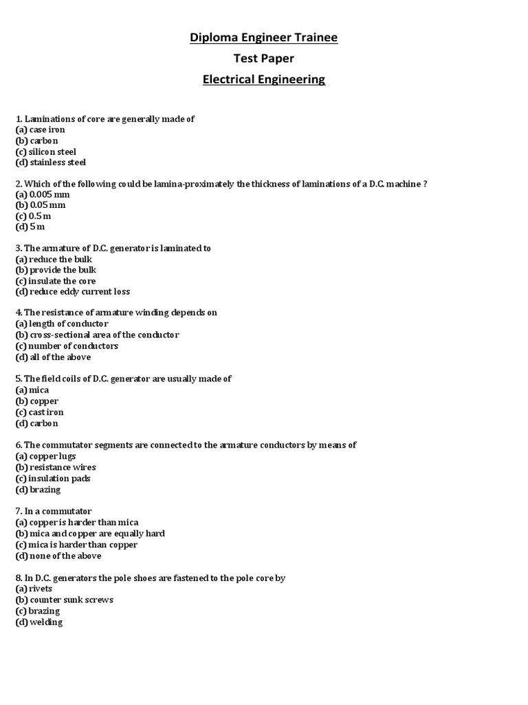DET Electrical Engineering Test Paper | PDF | Transformer | Electric Motor