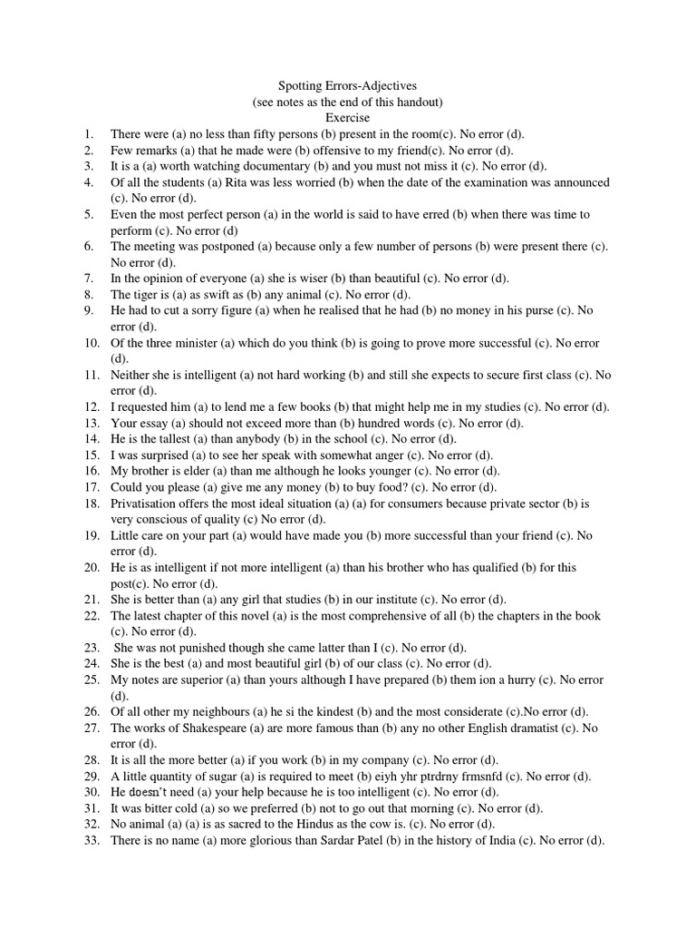 Adjectives Exercise Spotting Errors | PDF
