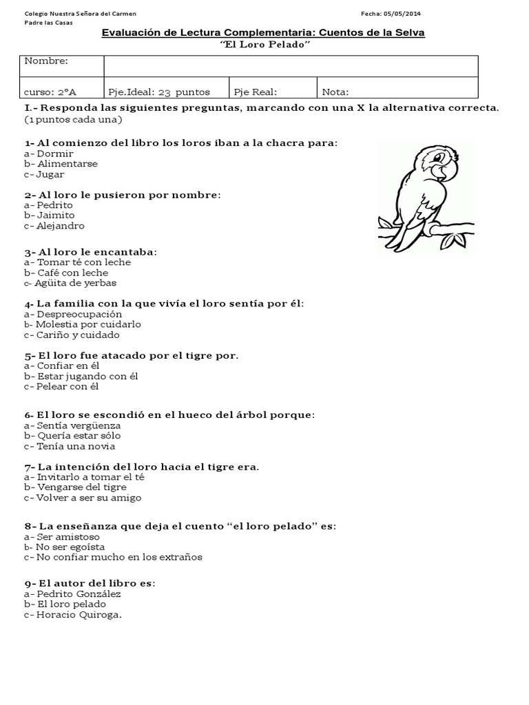 Evaluación del Cuento "El Loro Pelado" | PDF
