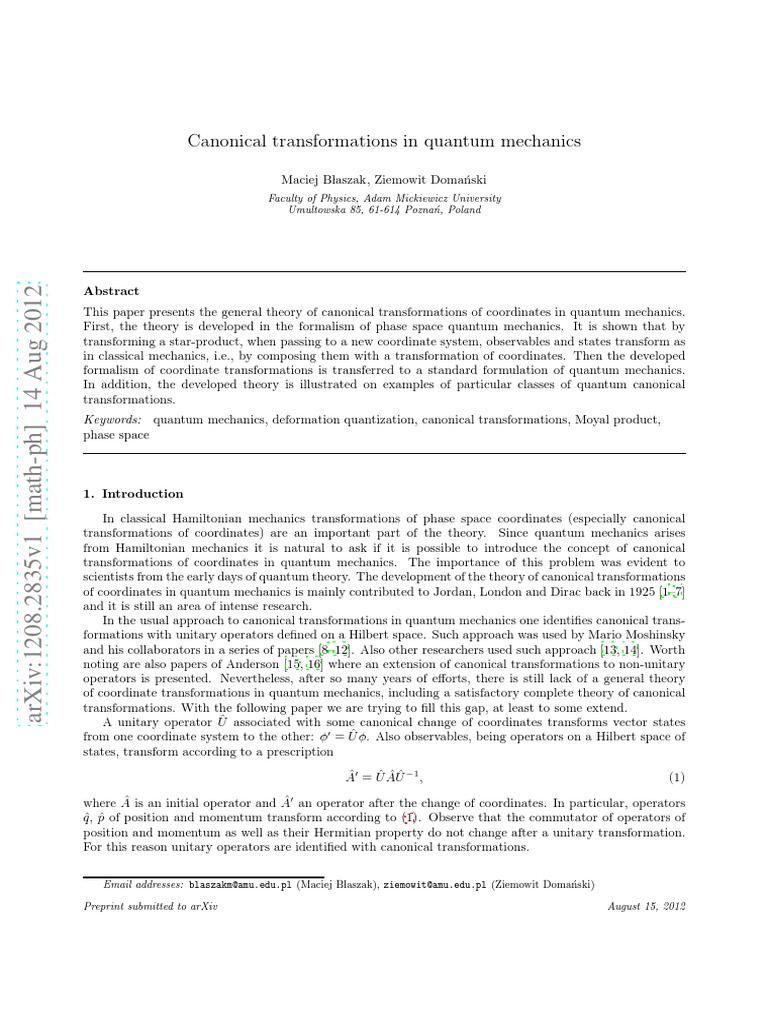 Canonical Transformations in Quantum Mechanics PDF | PDF | Quantization (Physics) | Hamiltonian ...