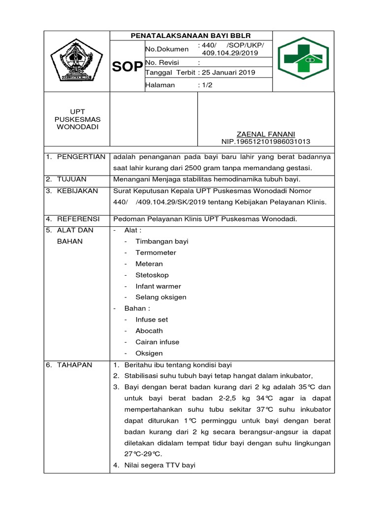 SOP Penatalaksanaan Bayi BBLR | PDF