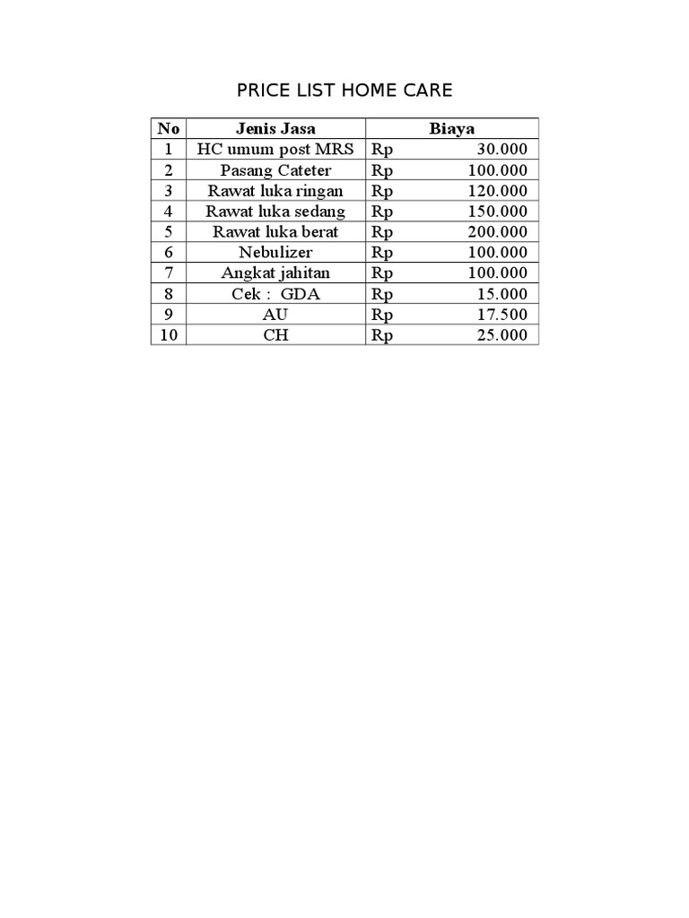 Price List Home Care | PDF