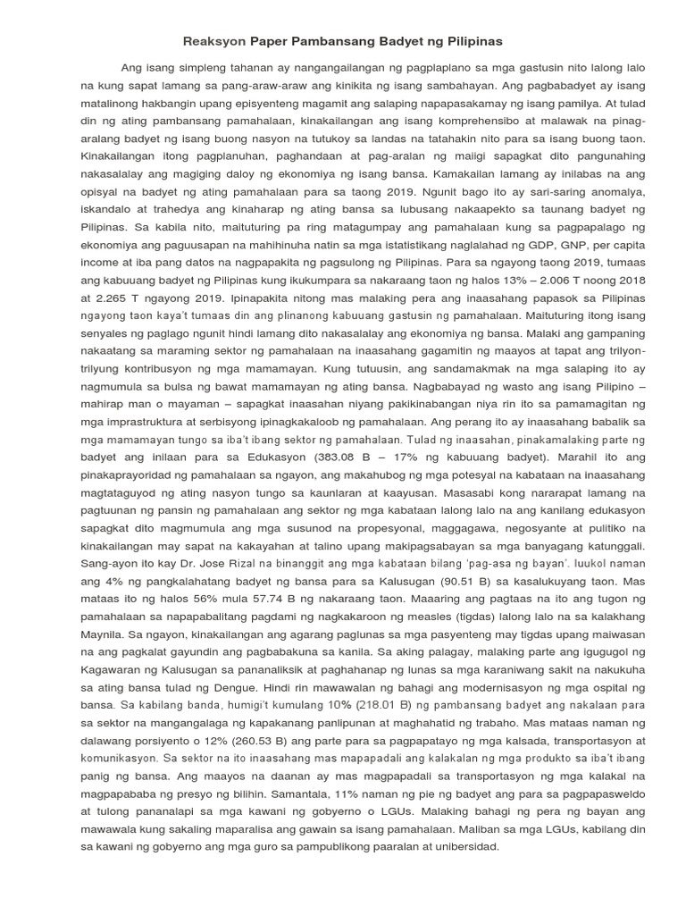 Reaksyon Paper Pambansang Badyet NG Pilipinas | PDF