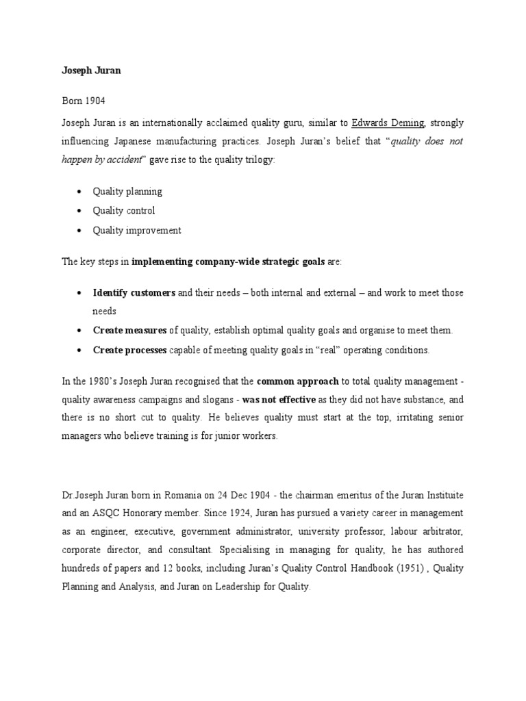 Joseph Juran's Quality Trilogy and Contributions | PDF | Quality ...