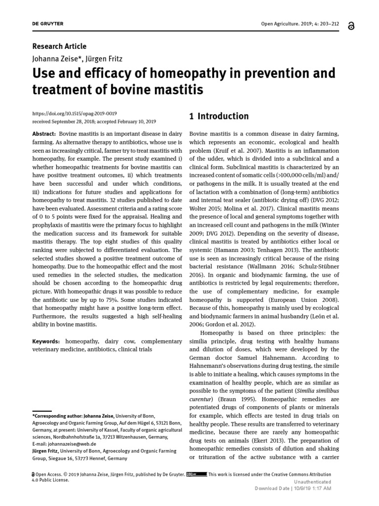 (Open Agriculture) Use and Efficacy of Homeopathy in Prevention and ...