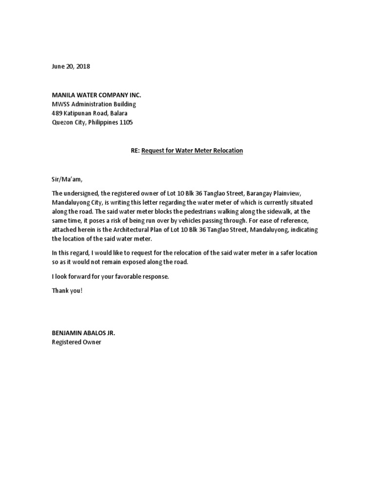 Water Meter Relocation Request Letter | PDF | Science & Mathematics ...