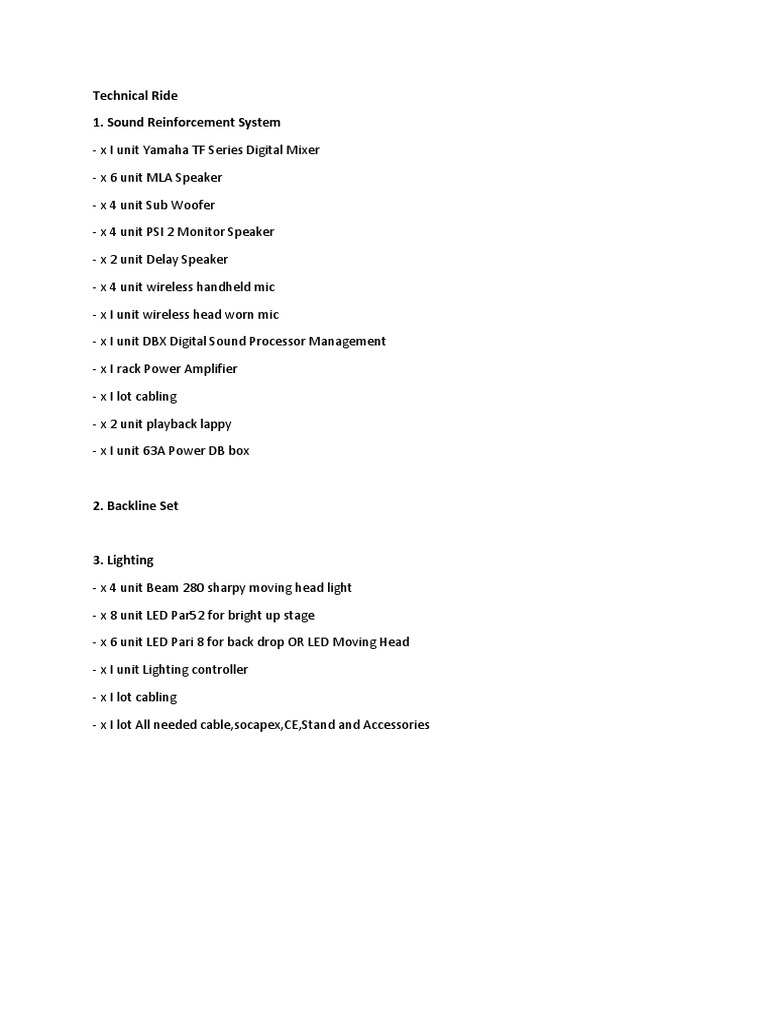 Technical Ride 1. Sound Reinforcement System | PDF