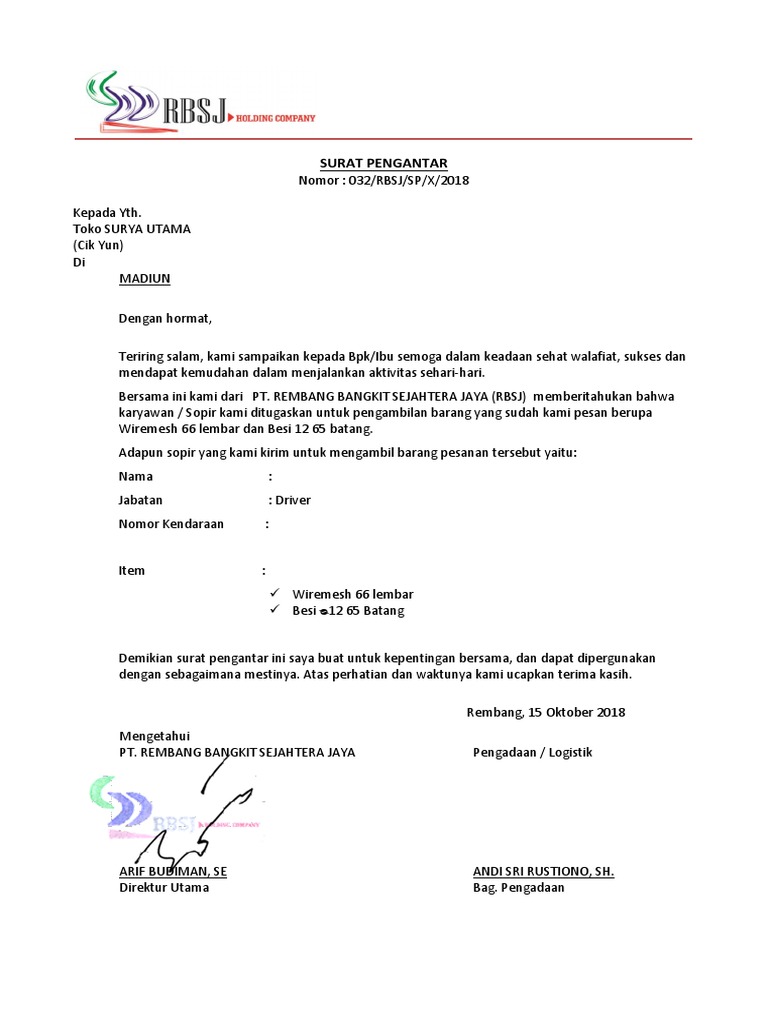 Surat Pengantar Pengambilan Barang | PDF