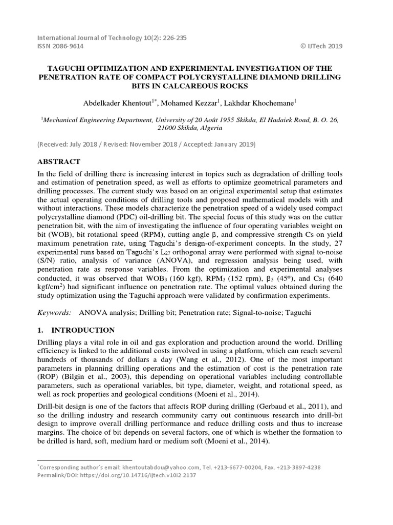 Taguchi Optimization and Experimental Investigation of The Penetration Rate of Compact ...