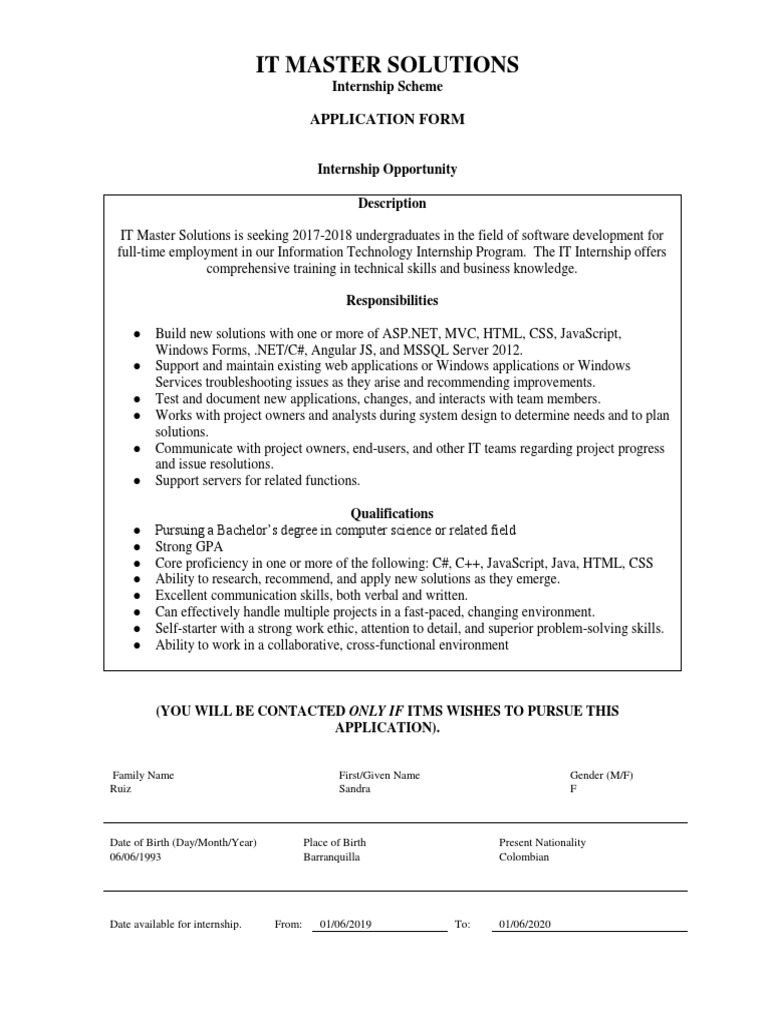 Formato Internship Application Form Pdf Application Software Java Script