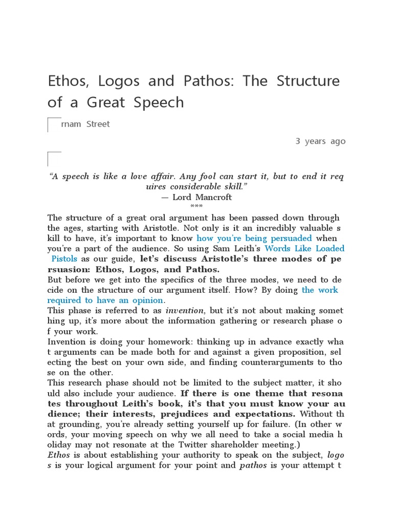 Ethos, Logos and Pathos: The Structure of A Great Speech | PDF ...