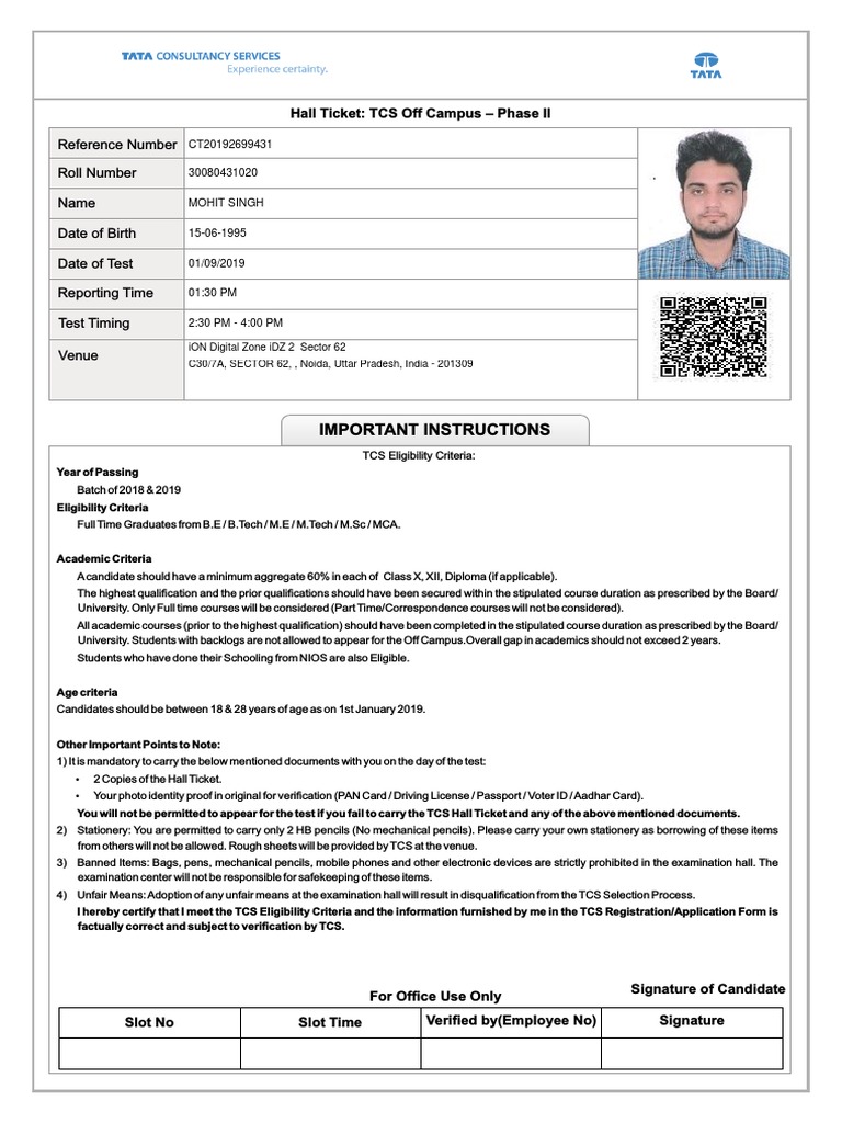 Hall Ticket: TCS Off Campus - Phase II: Reference Number Roll Number ...