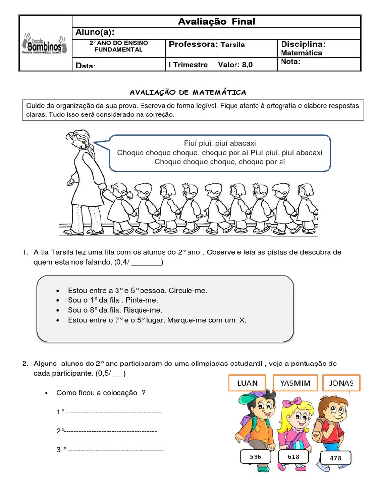 Avaliação De Matemática Do 2o Ano Pdf Ensino De Matemática