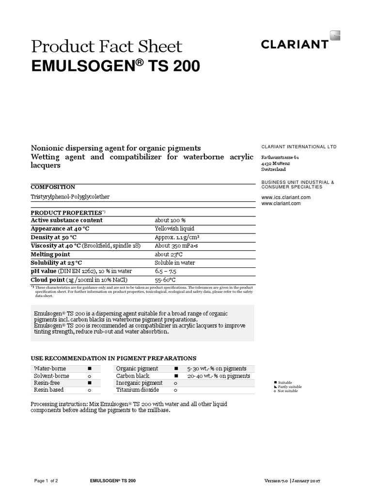 Product Fact Sheet: Emulsogen TS 200 | PDF | Paint | Carbon