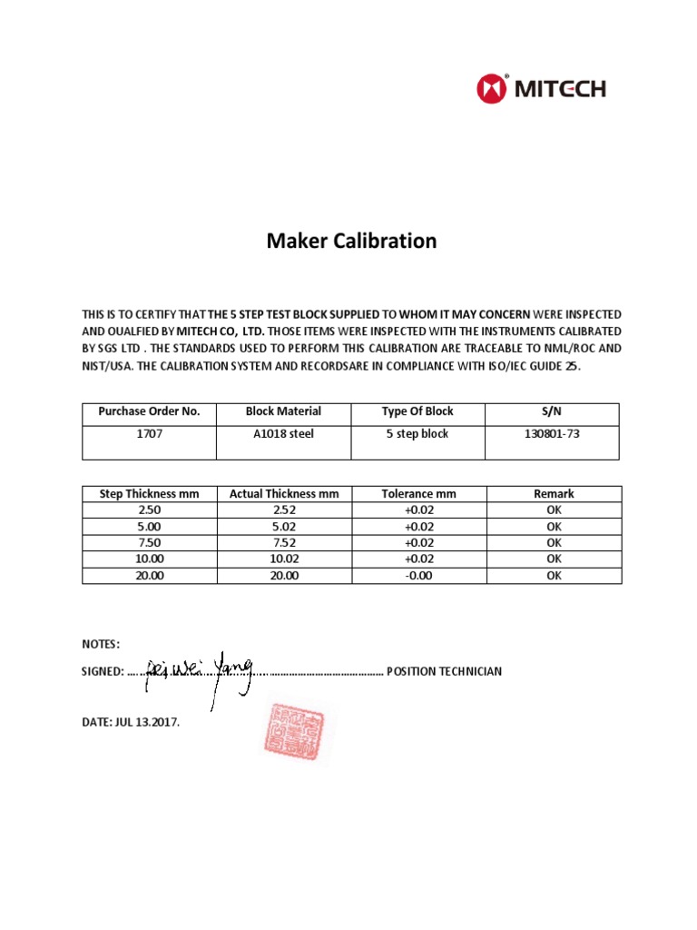 Calibration Certificate for a 5-Step Steel Test Block Confirming ...