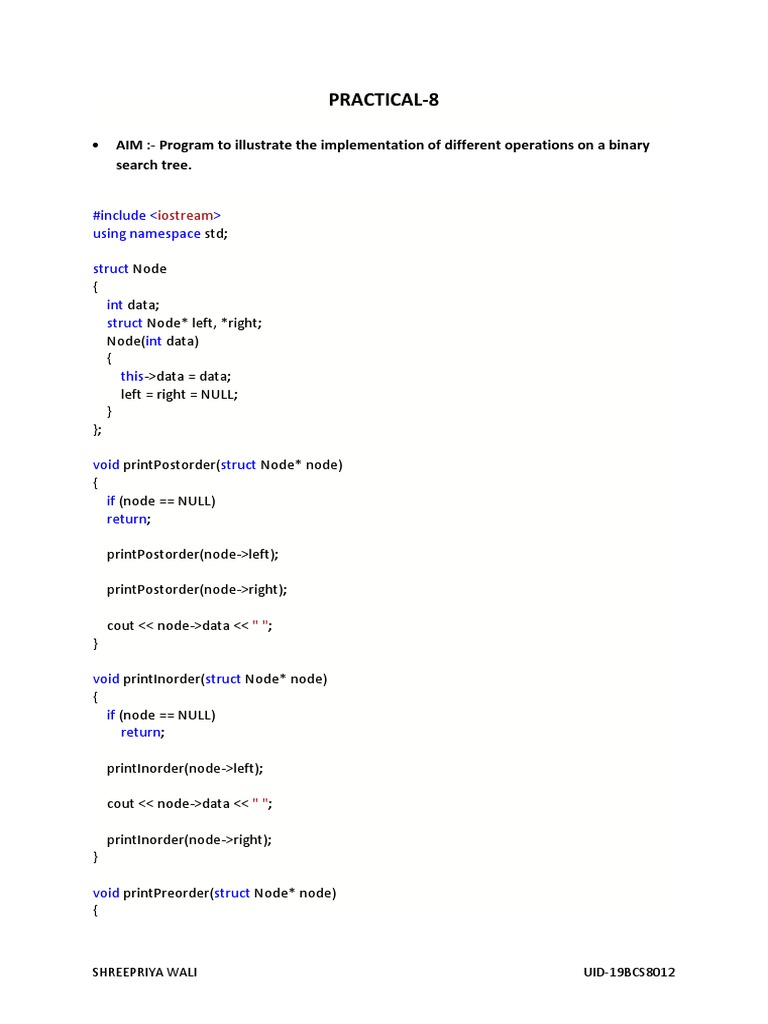Practical-8: AIM:-Program To Illustrate The Implementation of Different Operations On A Binary ...