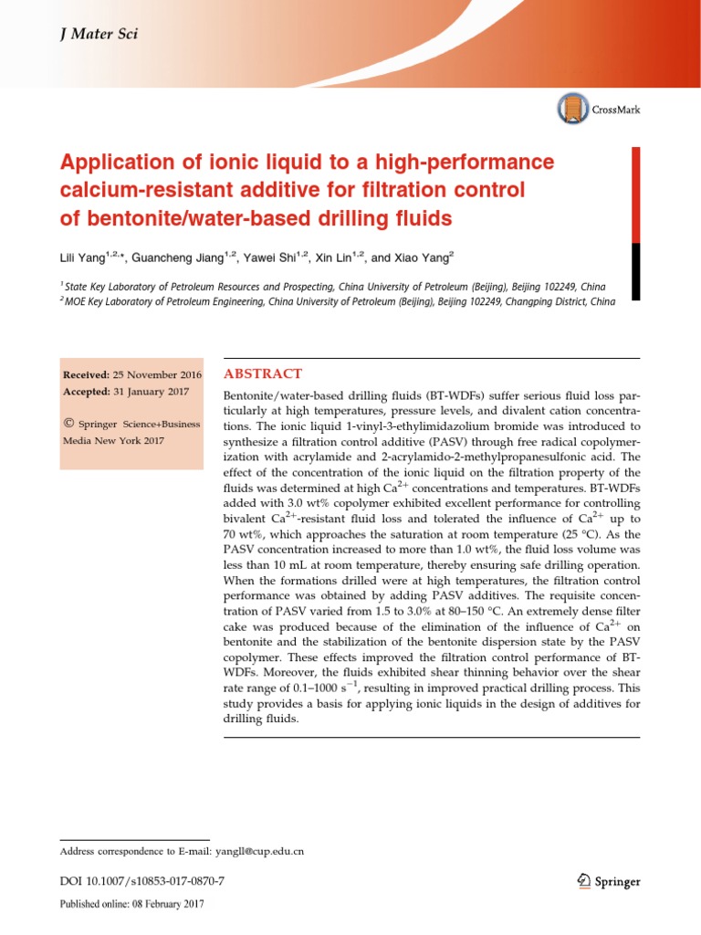 Filtration Control of Bentonite Water Based Drilling Fluids PDF | PDF ...