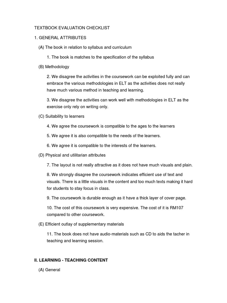TEXTBOOK EVALUATION CHECKLIST Book 1 | PDF | Vocabulary | Teachers