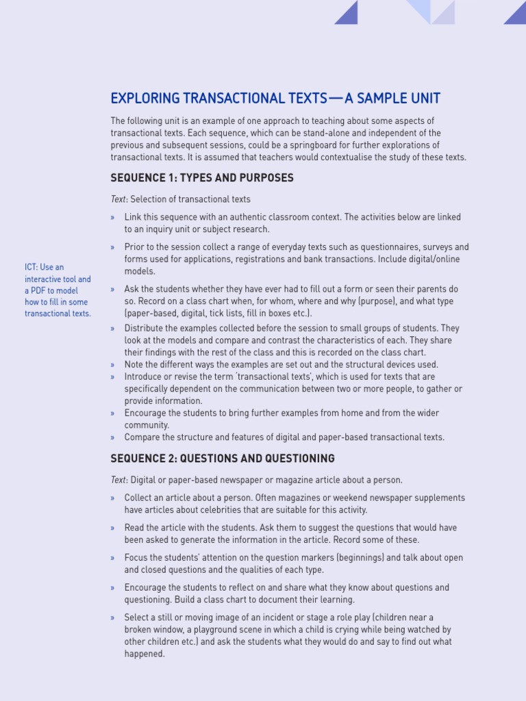 Exploring Transactional Texts-A Sample Unit: Sequence 1: Types and ...