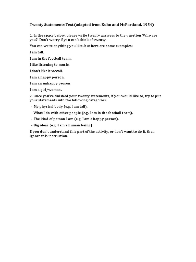 Twenty Statements Test (Adapted From Kuhn and Mcpartland, 1954) | PDF