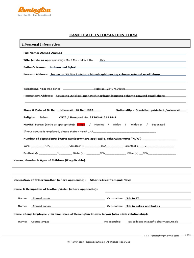 Candidate Information Form | PDF
