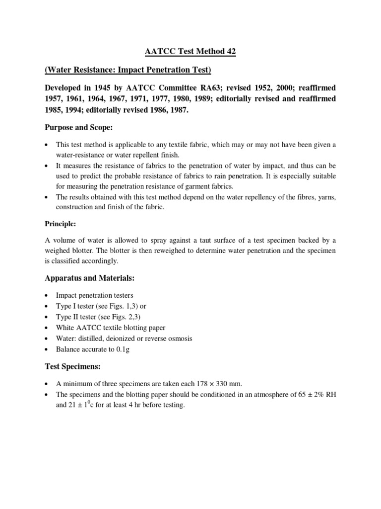 AATCC Test Method 42 (Water Resistance: Impact Penetration Test) | PDF ...