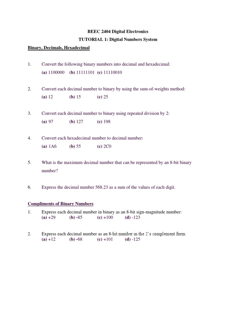 Tutorial 1 - Digital Number Systems - QUESTION | PDF | Bit | Computer ...