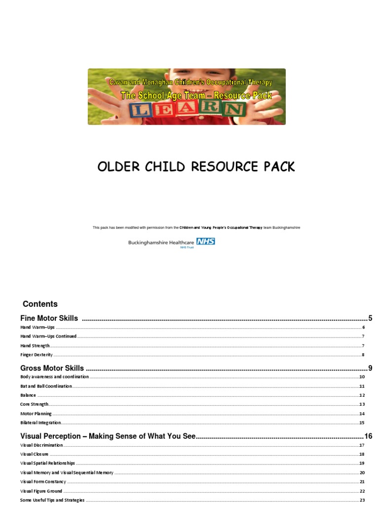 Older Child Motor Skills Resource Pack | PDF | Perception | Memory