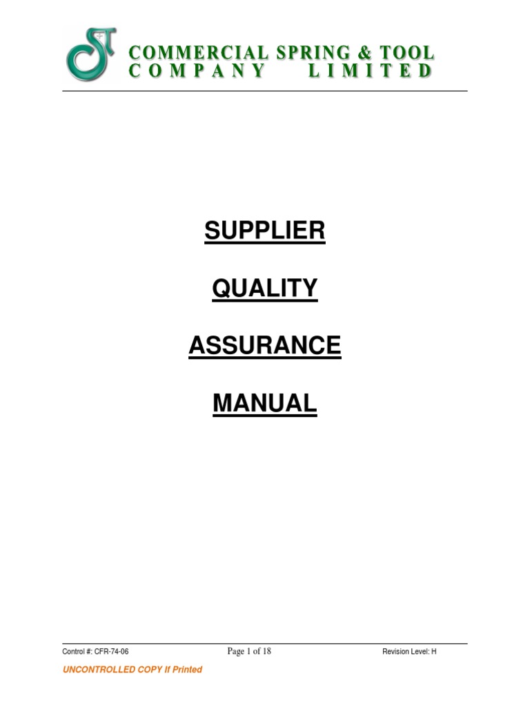 Supplier Quality Assurance Manual: Uncontrolled Copy If Printed | Audit ...