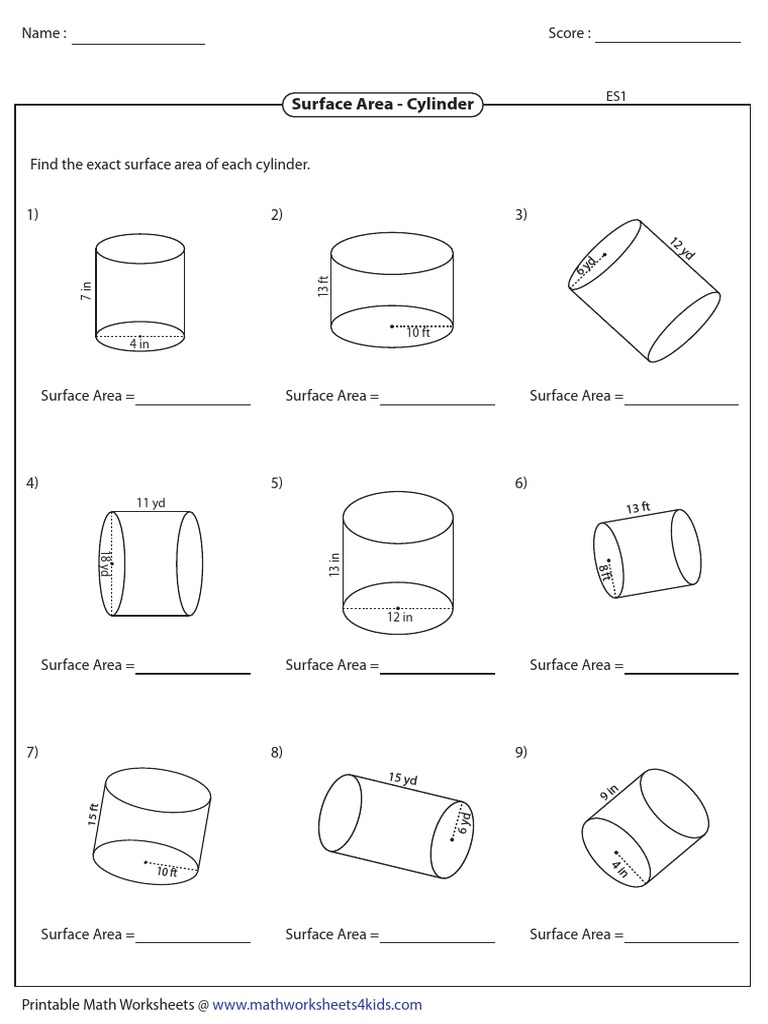 Surface Area - Cylinder: Name: Score | PDF