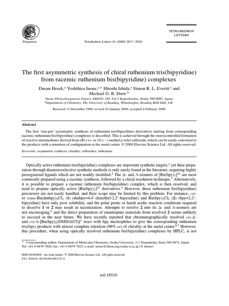 The First Asymmetric Synthesis of Chiral Ruthenium Tris (Bipyridine) From Racemic Ruthenium Bis ...