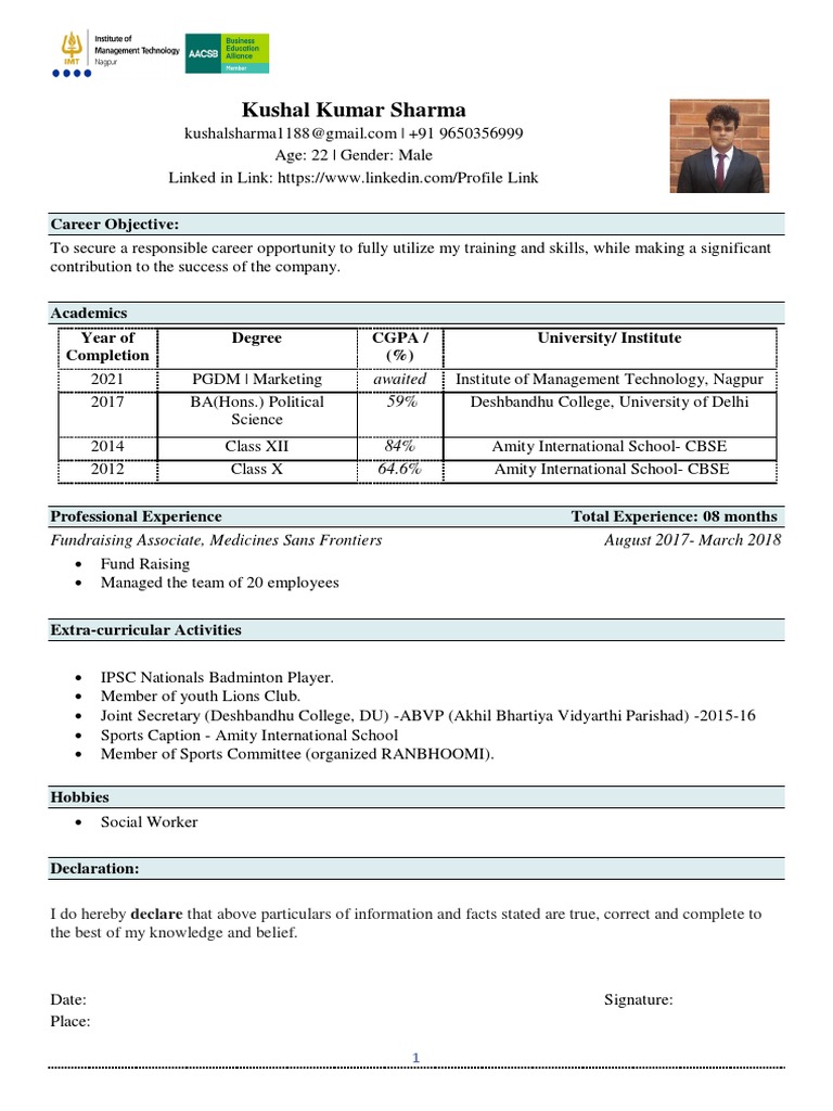 Kushal Sharma's Resume: Marketing PGDM & Fundraising Experience | PDF